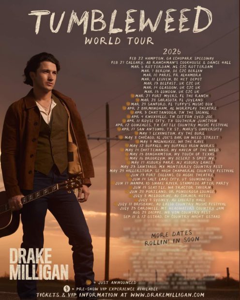 DRAKE MILLIGAN KICKS OFF 2026 ADDING US AND AUS DATES TO HIS ...